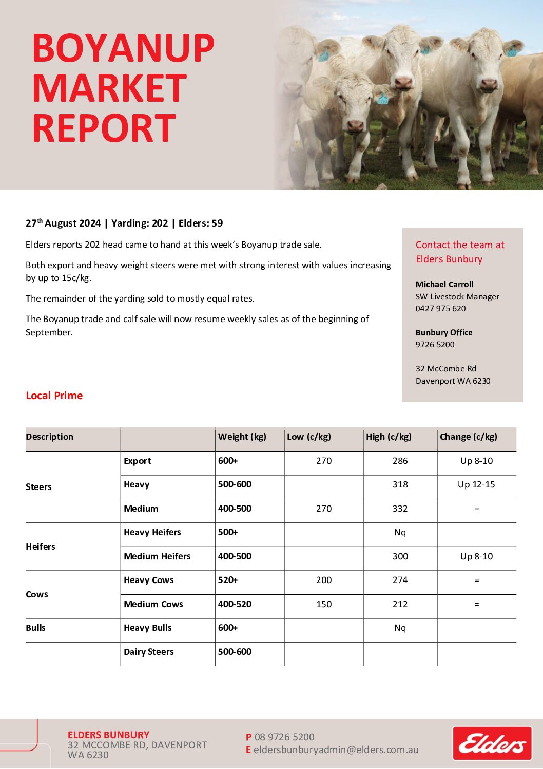 Saleyard - Boyanup cattle sale results (Elders) - Agora Livestock